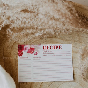Red Floral Recipe Card Template, Red and Pink Floral Bridal Shower ...