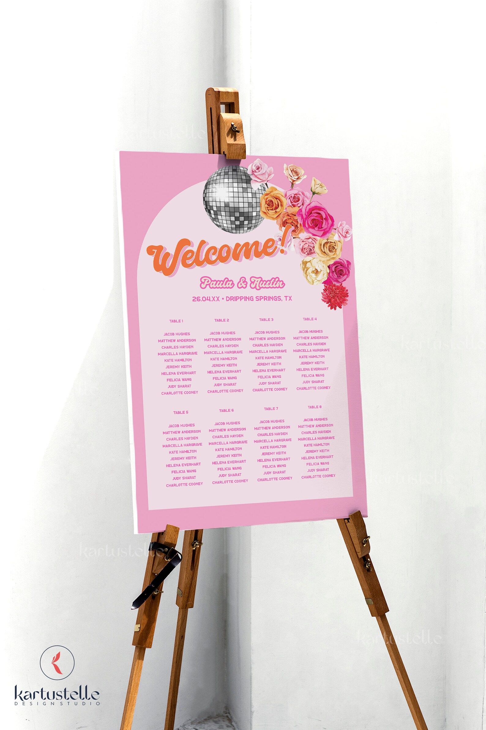 Disco Wedding Seating Chart Template Bold Retro Hot Pink Seating Chart ...