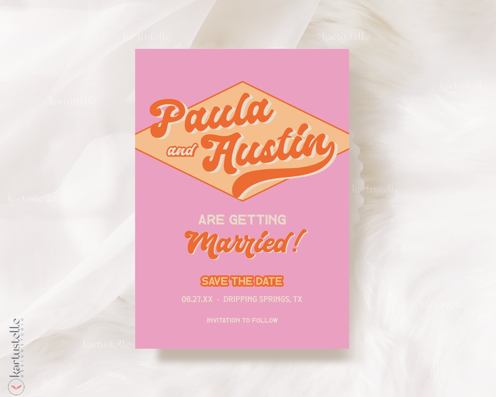 Fun Retro Save the Date Template, Funky Playful Pink Orange Wedding ...