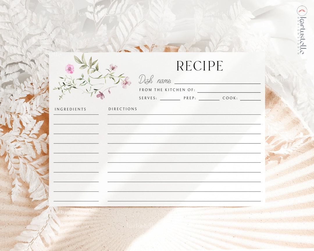 Garden Floral Recipe Card Template, Wildflower Recipe Cards, Pink ...