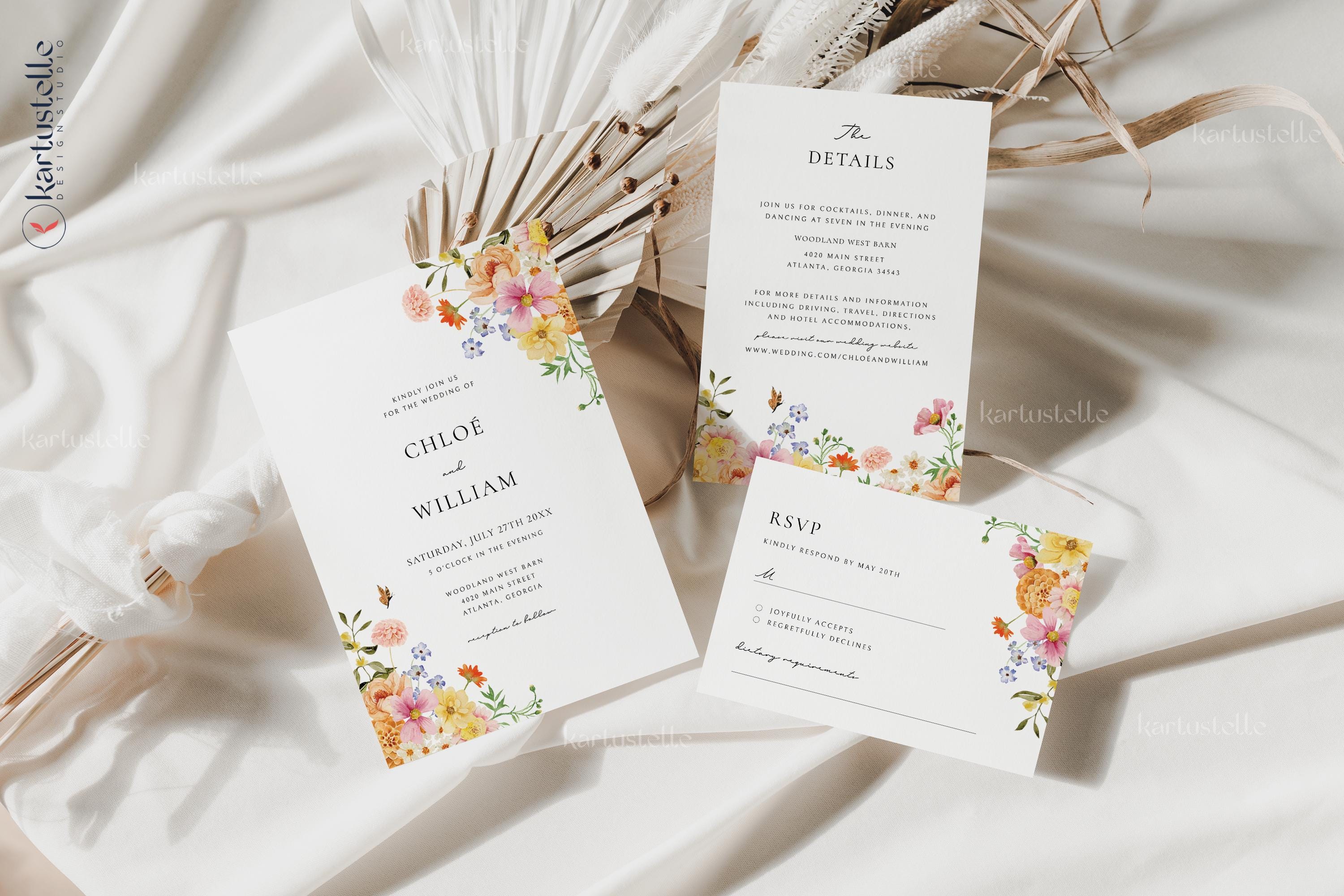 Spring Floral Wedding Invitation Set Template Colorful Floral Wedding ...