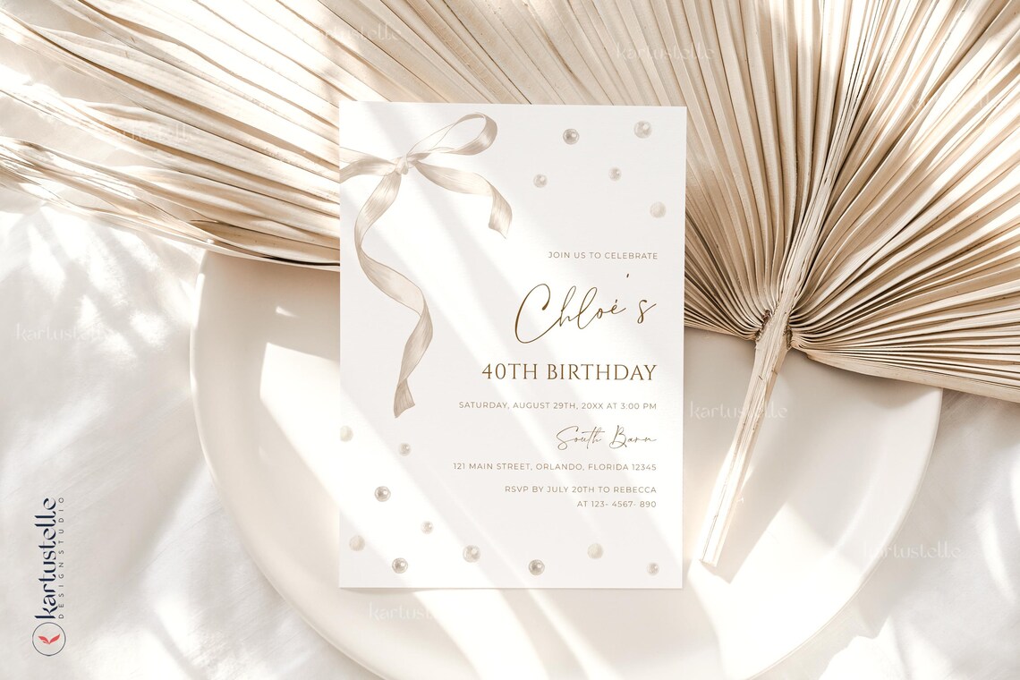 White Bow and Pearls Birthday Invitation Template, Pearls Bow Birthday ...