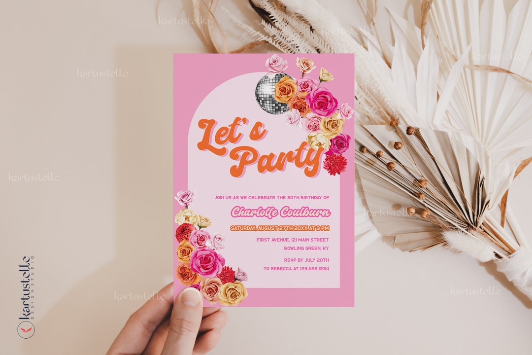 Disco Birthday Party Invitation Template Bold Retro Hot Pink Birthday ...