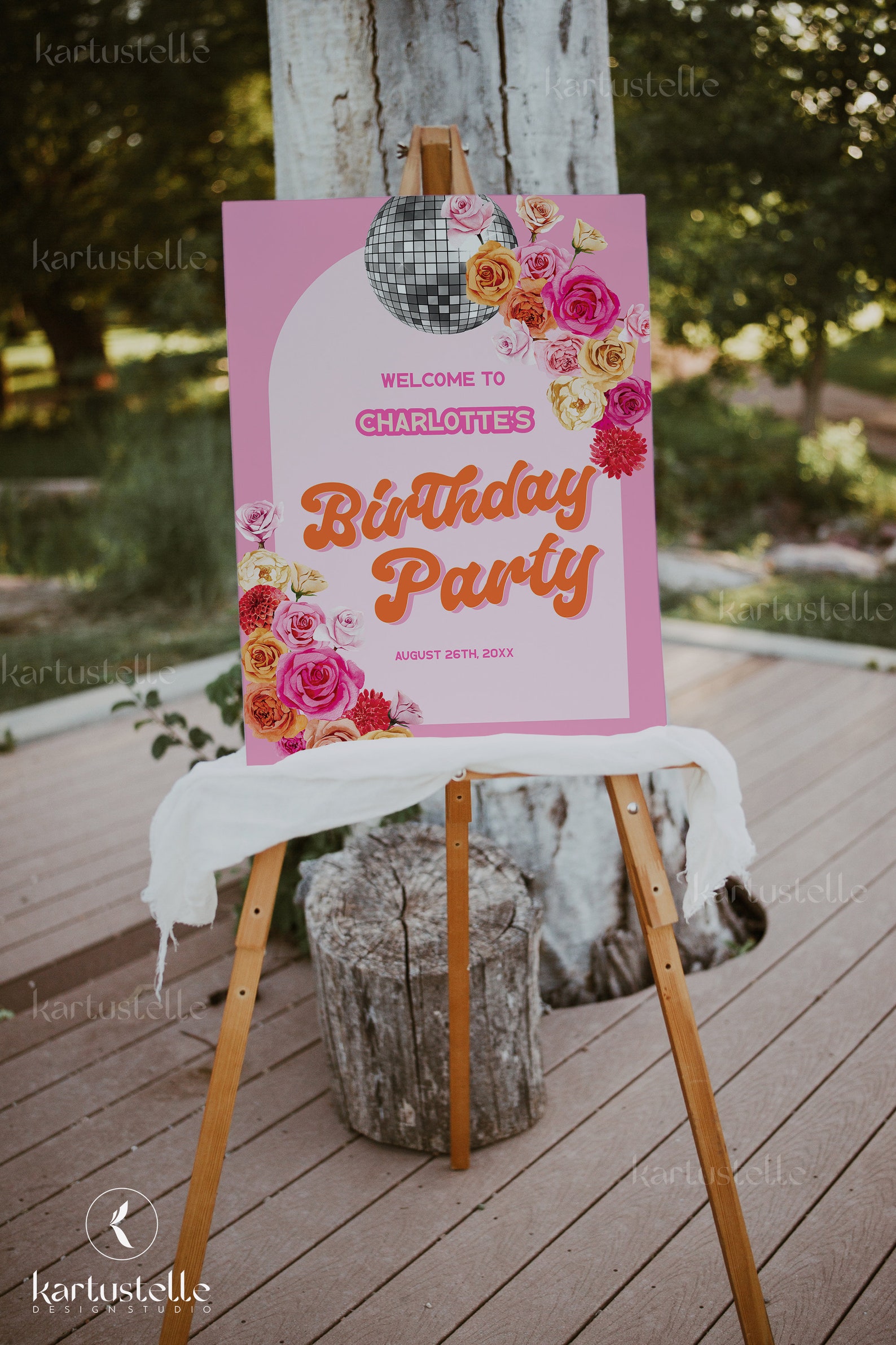 Disco Birthday Welcome Sign Template Retro Hot Pink Birthday Party Sign ...
