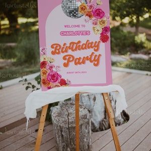 Disco Birthday Welcome Sign Template Retro Hot Pink Birthday Party Sign ...