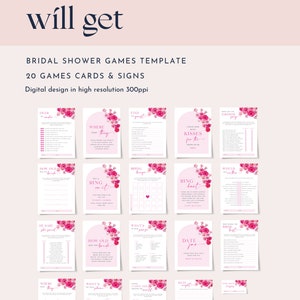 Hot Pink Floral Bridal Shower Games Bundle Template, Hot Pink and Blush ...