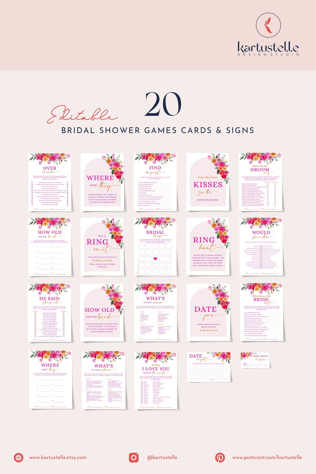 Pink Orange Bridal Shower Games Bundle Template Hot Pink Floral Bridal ...