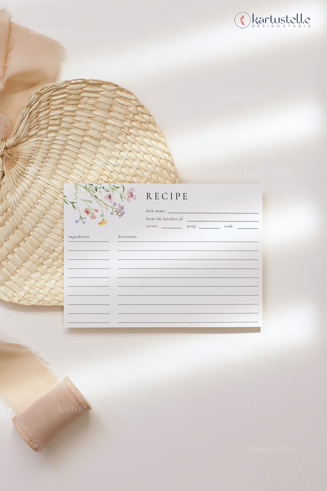 Dainty Delicate Floral Recipe Card Template Wildflower Bridal Shower ...