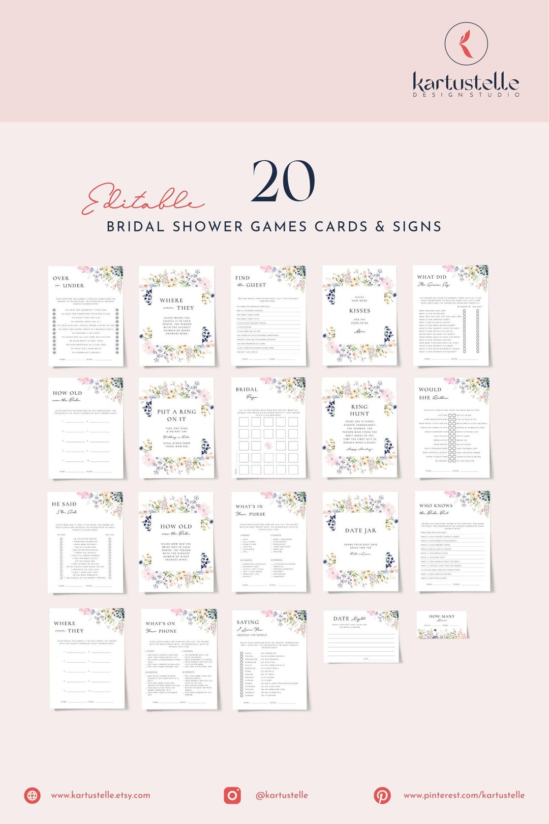 Pink Blue Wildflowers Bridal Shower Games Bundle Template Pastel Wild ...