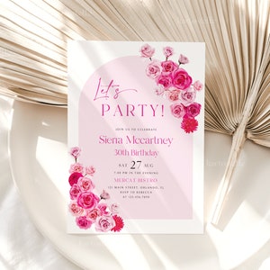 Hot Pink Birthday Party Invitation Template, Hot Pink Floral Birthday ...
