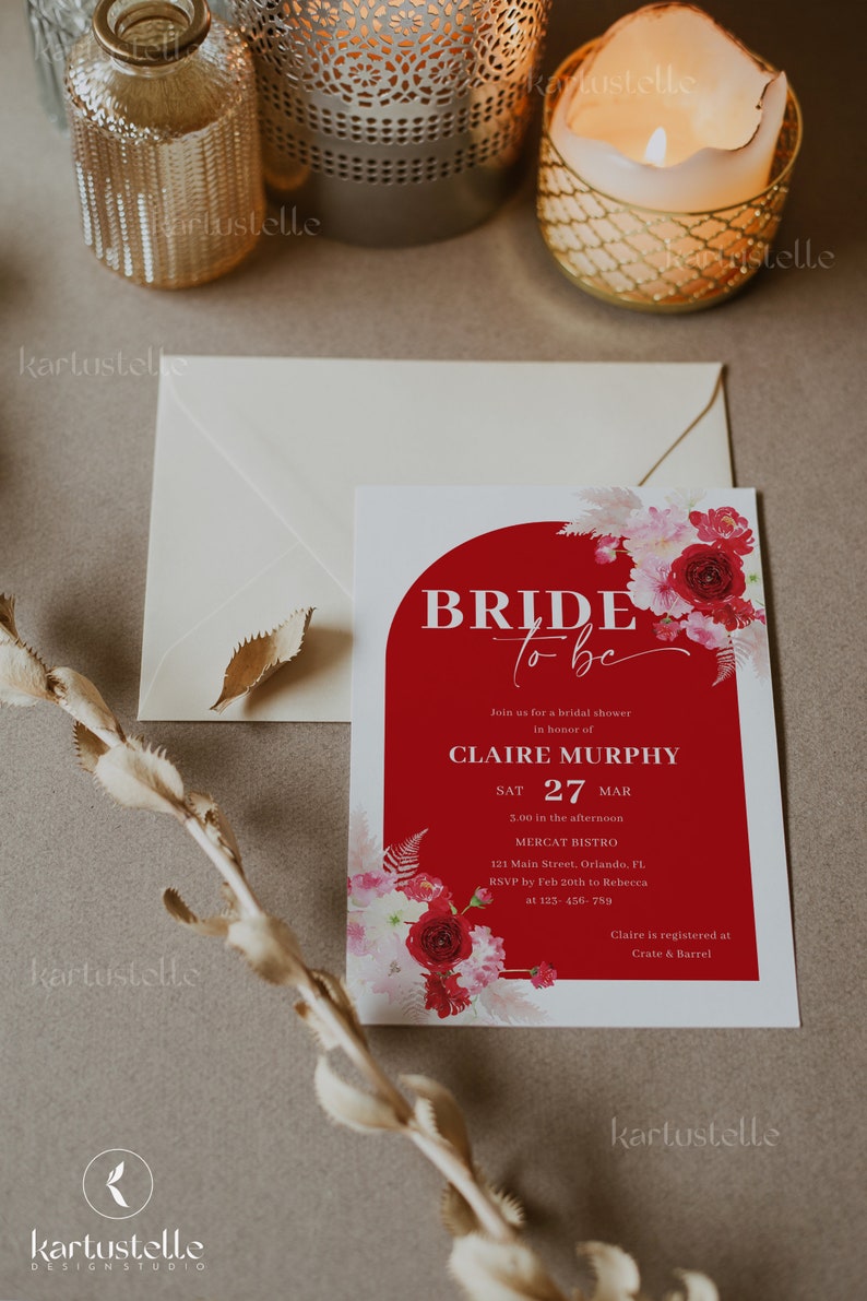 Red Floral Bridal Shower Invitation Template, Red and Pink Floral ...
