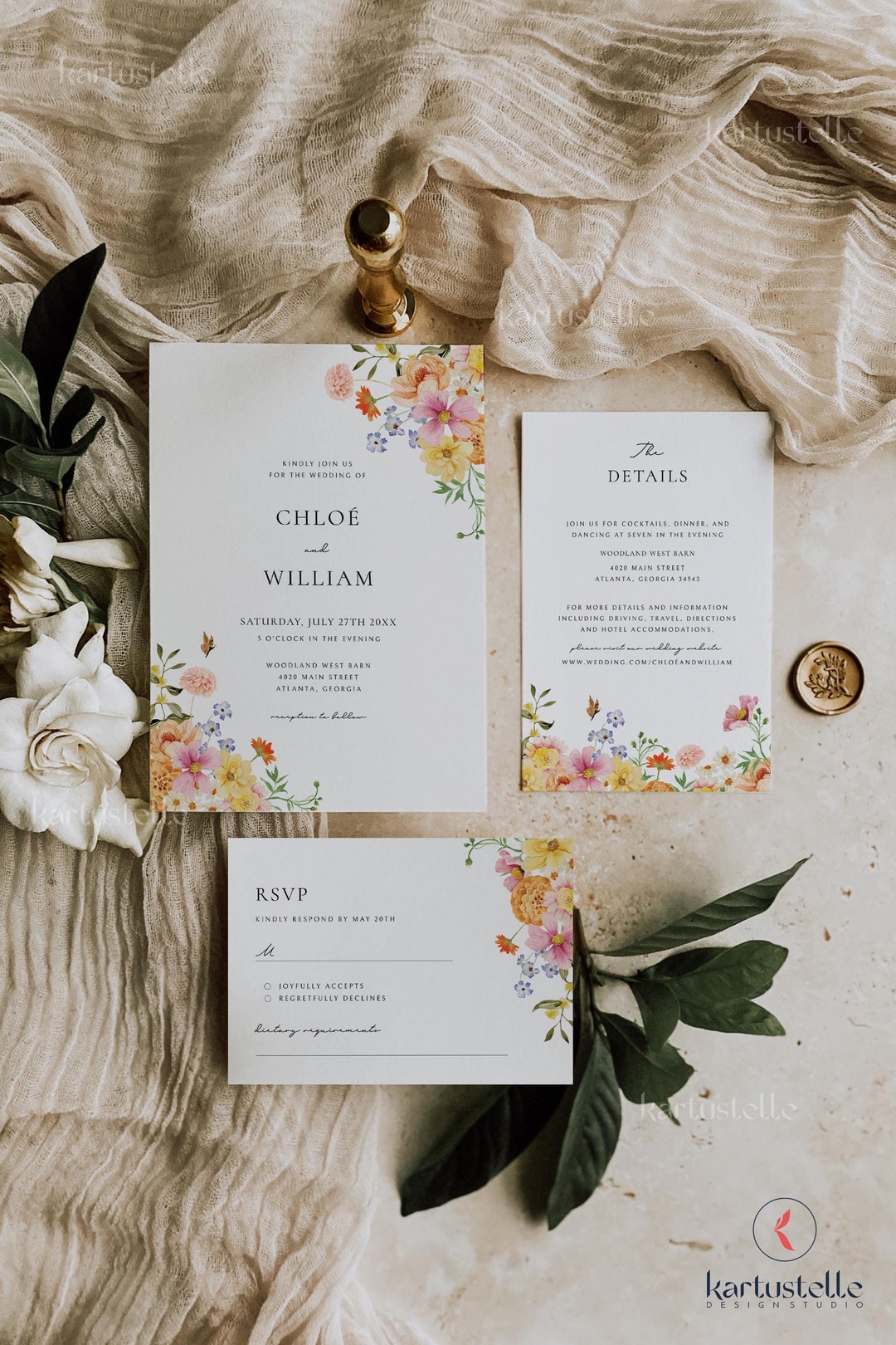 Spring Floral Wedding Invitation Set Template Colorful Floral Wedding ...