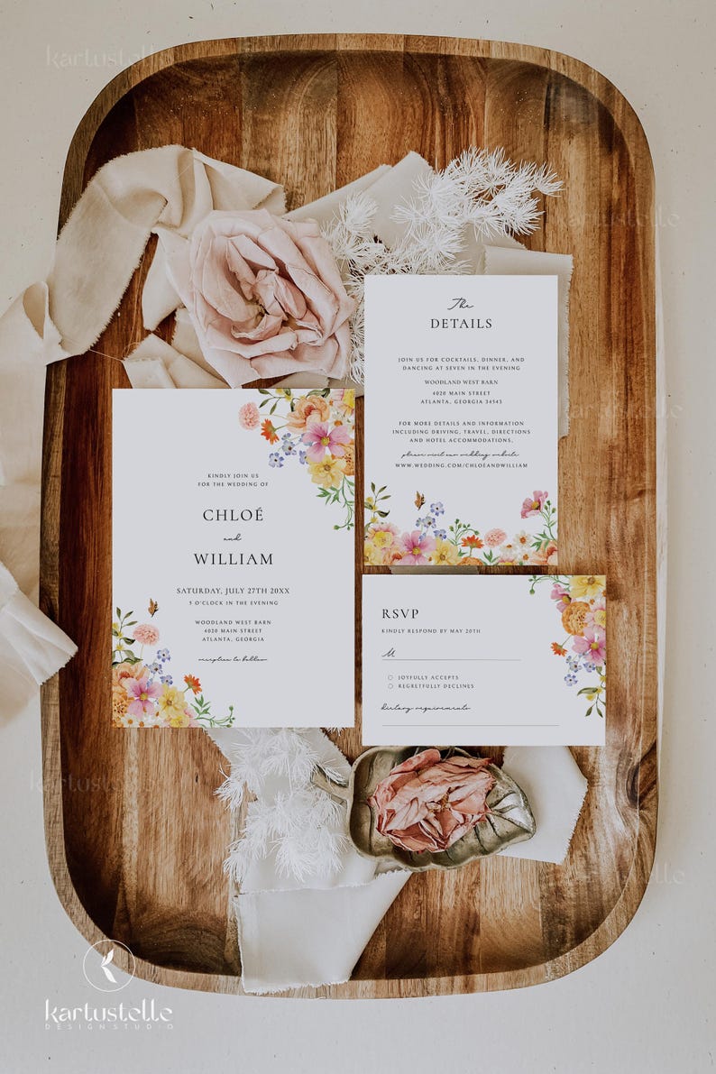 Spring Floral Wedding Invitation Set Template Colorful Floral Wedding ...