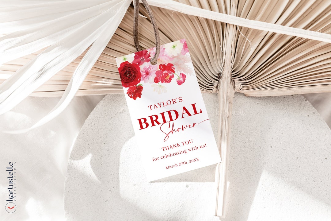Red Floral Bridal Shower Favor Tags, Red and Pink Floral Favor Tag ...