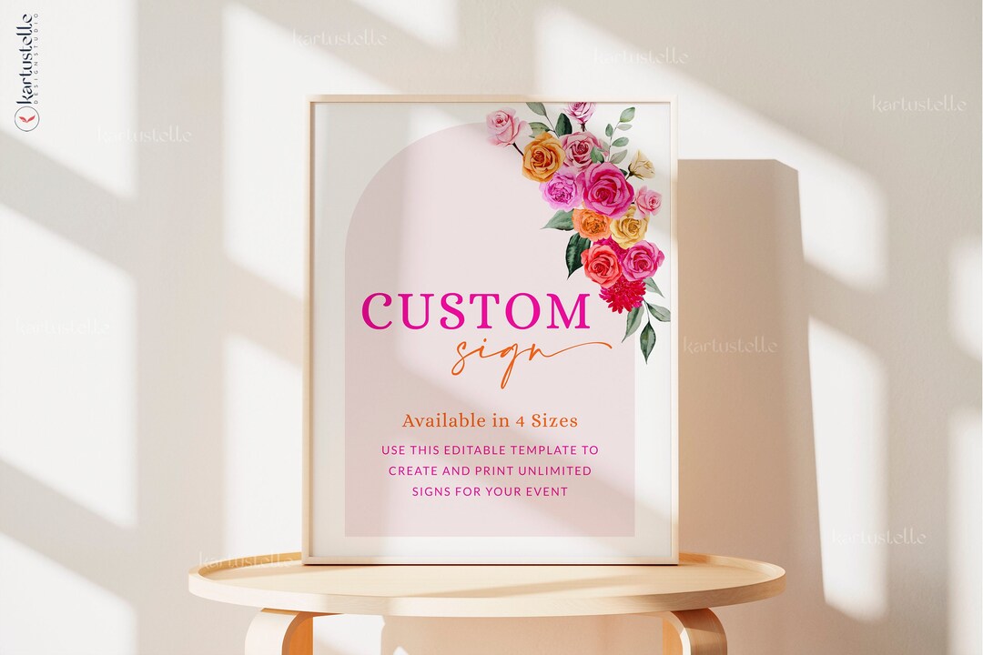Pink Orange Custom Sign Template, Hot Pink Floral Wedding Sign Bold ...