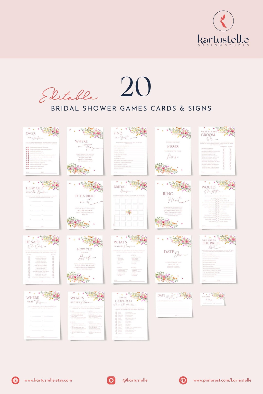 Pink Floral Bridal Shower Games Bundle Template Spring Wildflower ...