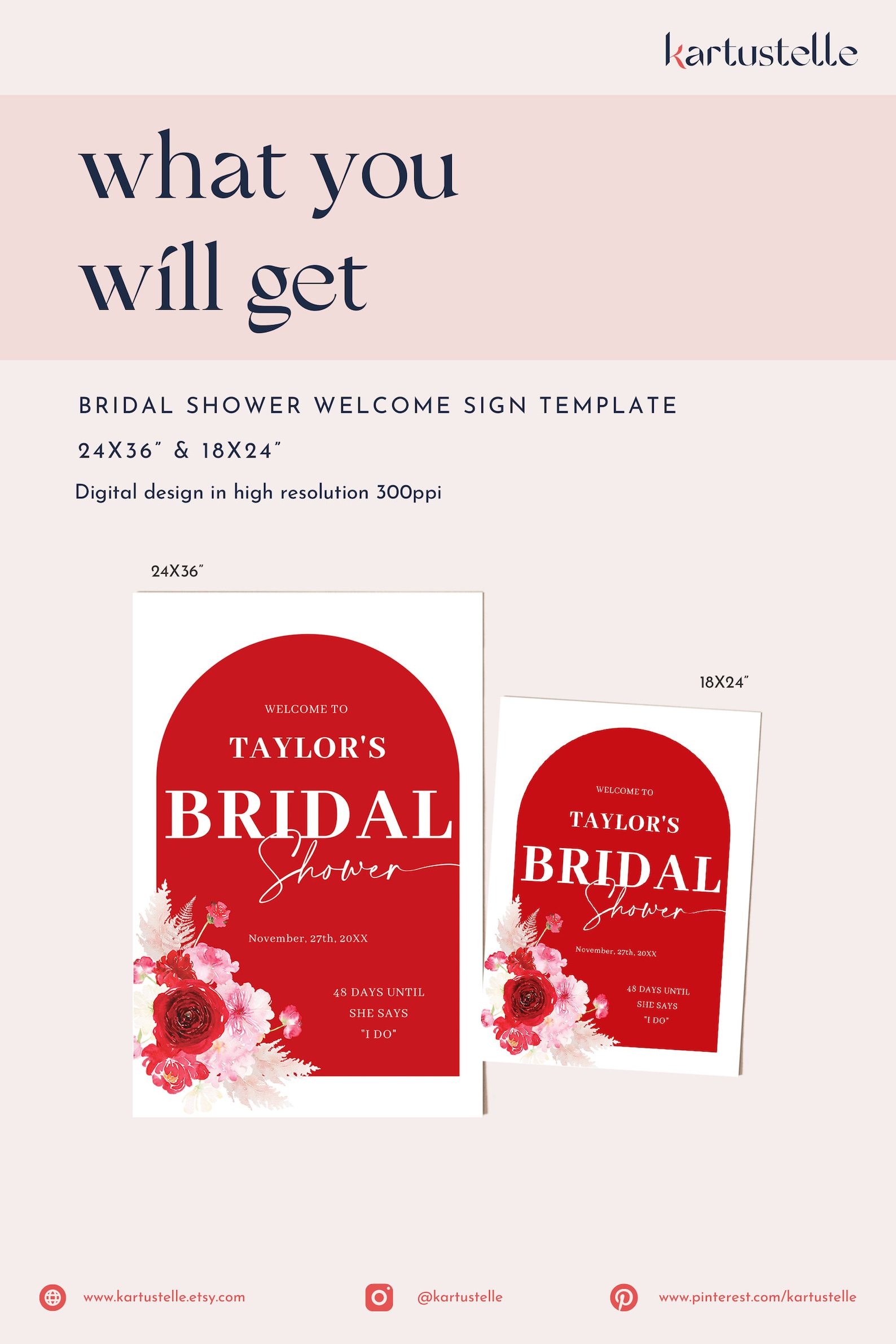 Red Floral Bridal Shower Welcome Sign Template Red and Pink - Etsy