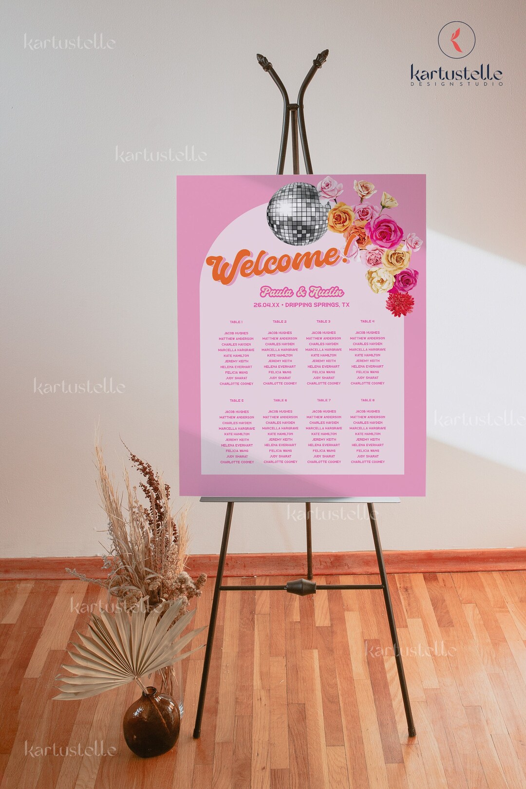 Disco Wedding Seating Chart Template Bold Retro Hot Pink Seating Chart ...