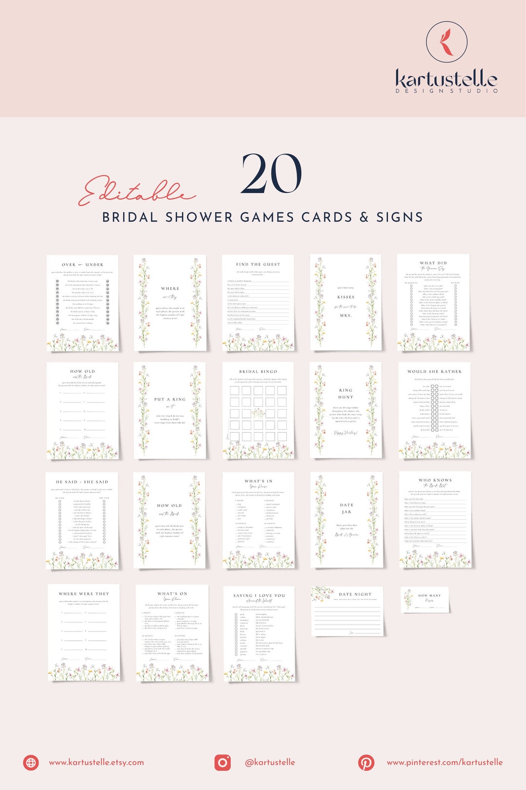 Dainty Delicate Floral Bridal Shower Games Bundle Template Wildflower ...
