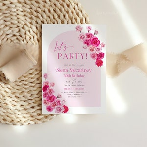 Hot Pink Birthday Party Invitation Template, Hot Pink Floral Birthday ...