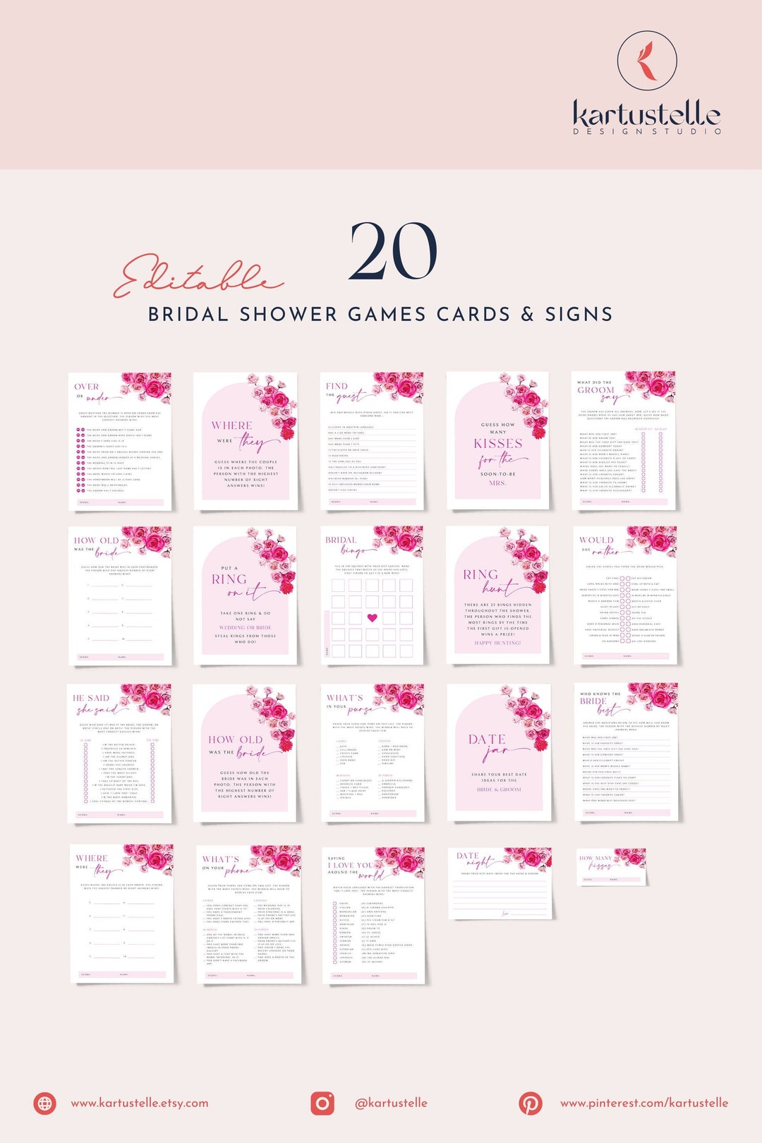 Hot Pink Floral Bridal Shower Games Bundle Template, Hot Pink and Blush ...