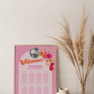 Disco Wedding Seating Chart Template Bold Retro Hot Pink Seating Chart ...