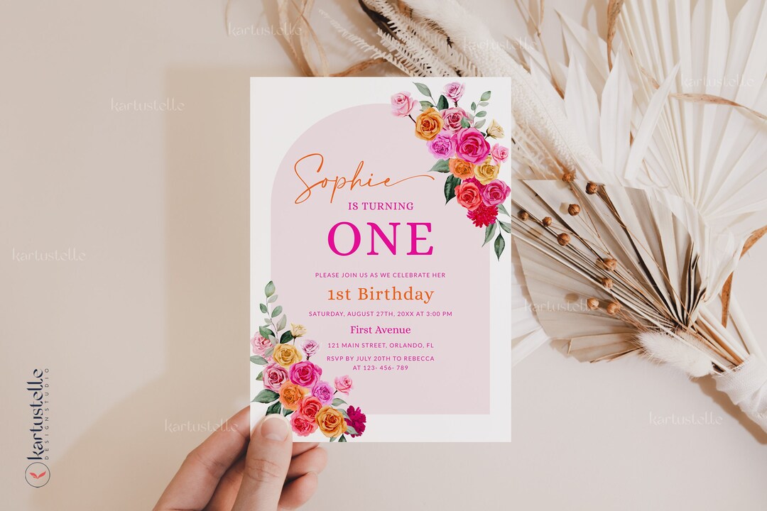 Pink Orange Birthday Invitation Template, Hot Pink Floral Birthday ...