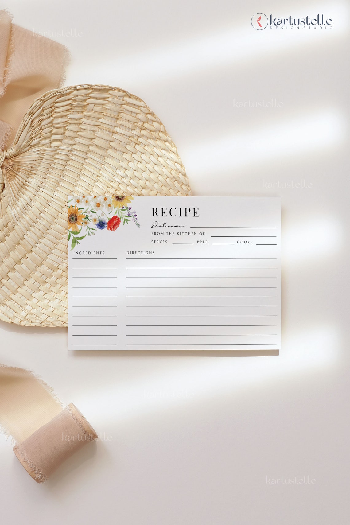 Sunflower Recipe Card Template Summer Floral Bridal Shower Recipe Cards ...