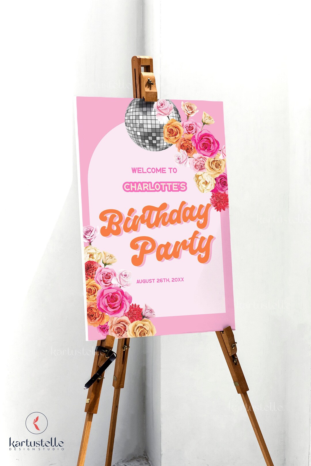 Disco Birthday Welcome Sign Template Retro Hot Pink Birthday Party Sign ...