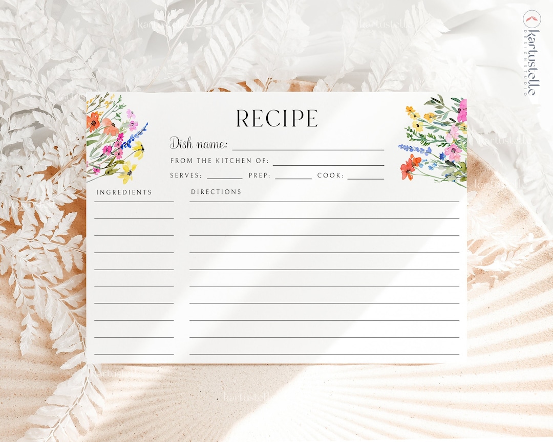 Colorful Floral Recipe Card Template, Wildflower Bridal Shower Recipe ...