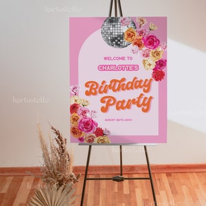 Disco Birthday Welcome Sign Template Retro Hot Pink Birthday Party Sign ...