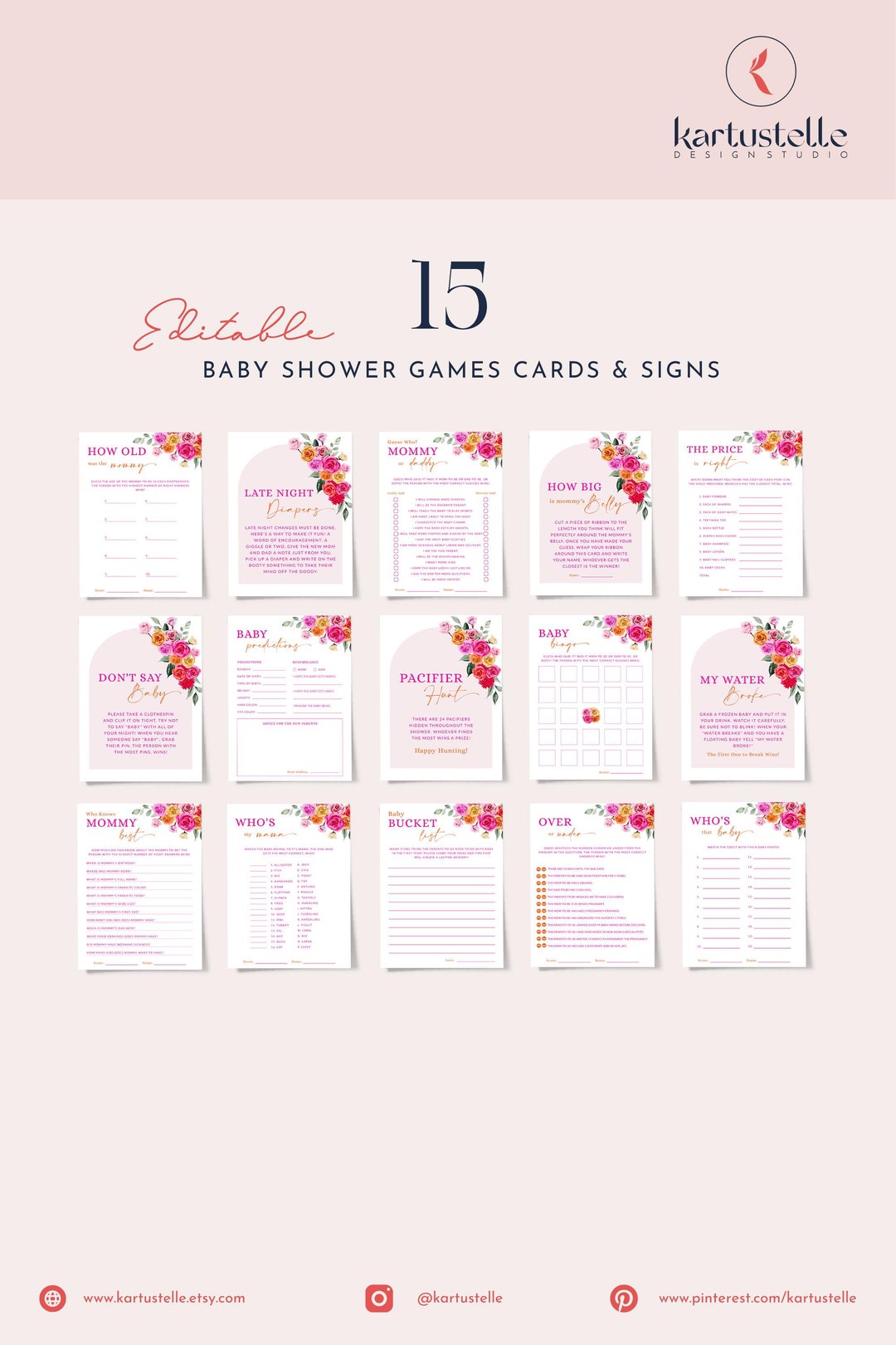 Pink Orange Baby Shower Games Bundle Template Hot Pink Floral Baby ...