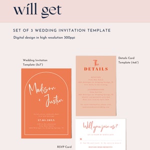 Orange Blush Wedding Invitation Set Template, Coral Wedding Invitations, Spring Summer Peach ...