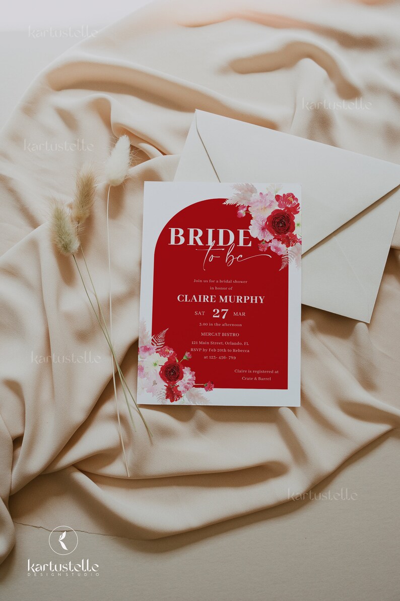 Red Floral Bridal Shower Invitation Template, Red and Pink Floral ...