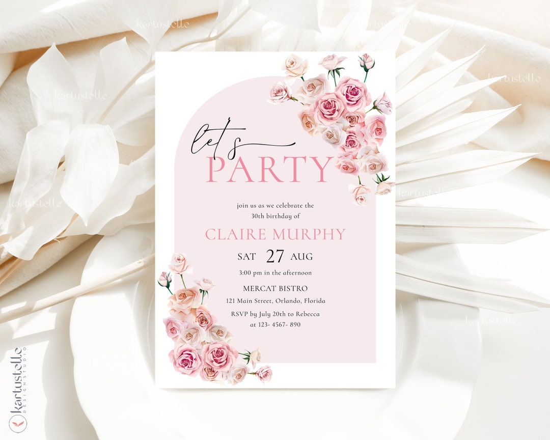 Light Pink Floral Birthday Party Invitation Template Blush Pink ...