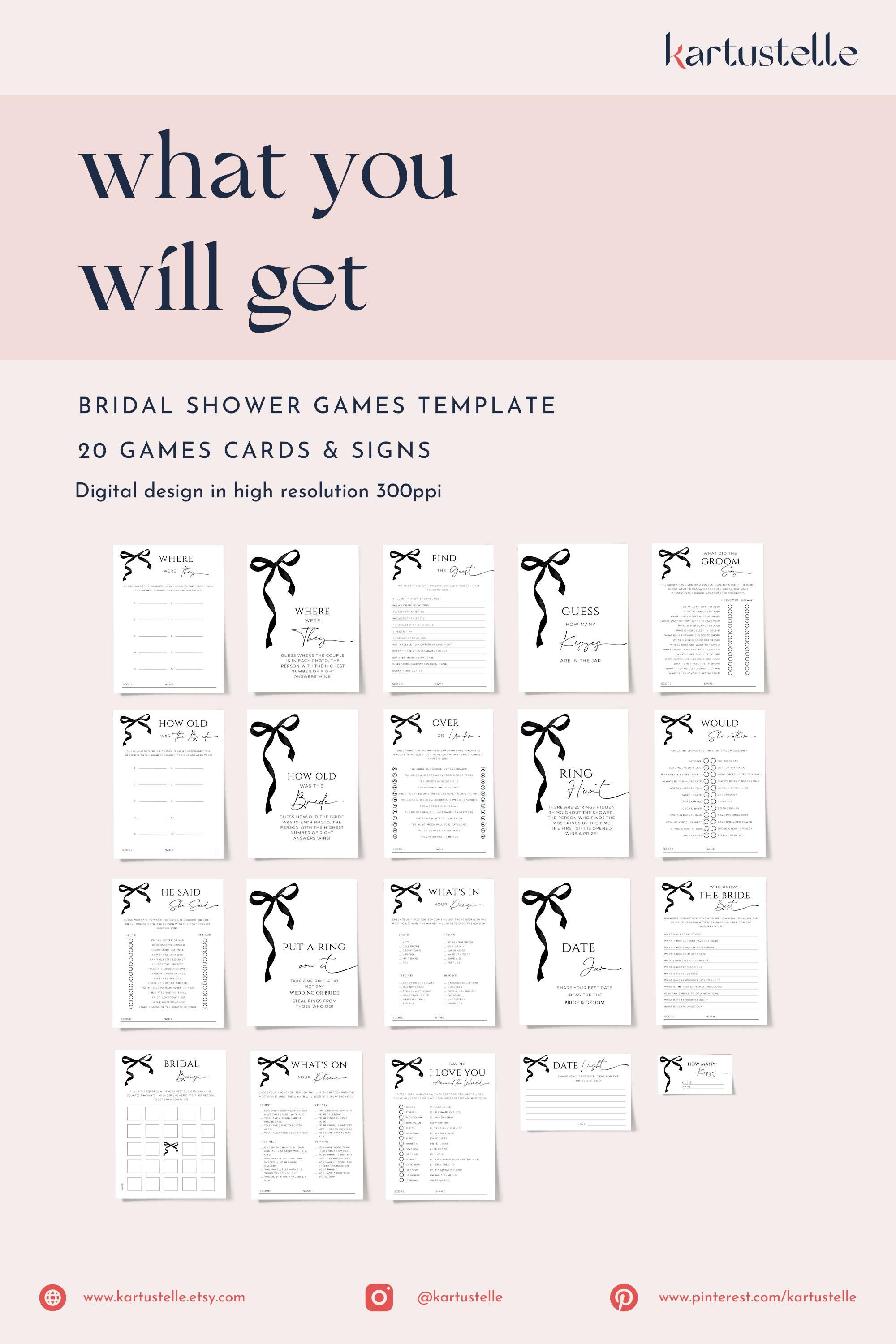 She's Tying the Knot Bridal Shower Games Bundle, Printable Black Bow ...