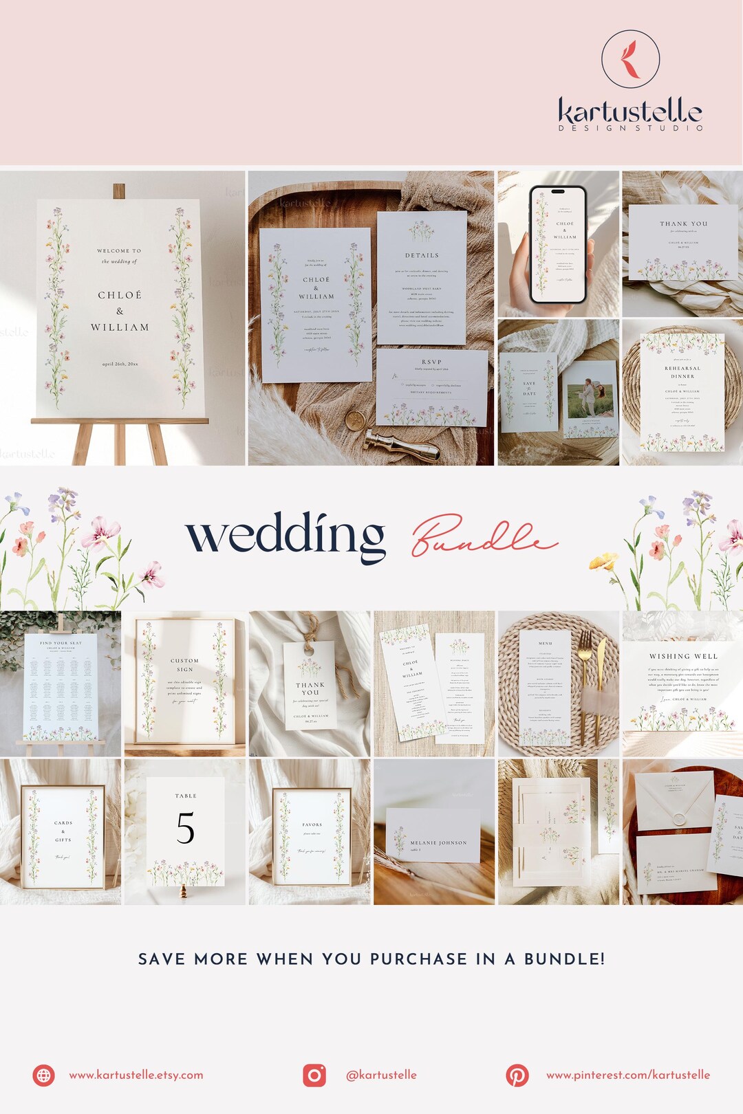 Dainty Delicate Floral Wedding Invitation Bundle Template Wildflower ...
