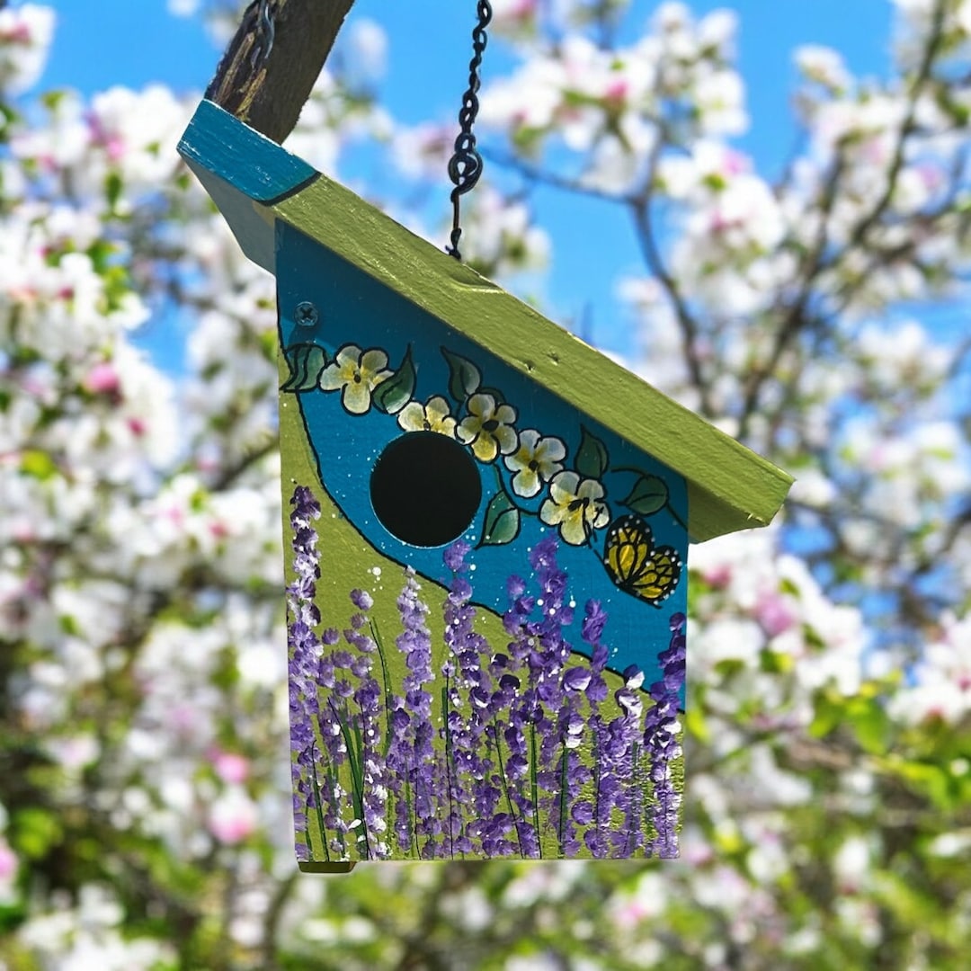 Colorful Birdhouse With Lavender & Flowers - Charming Garden Décor for ...