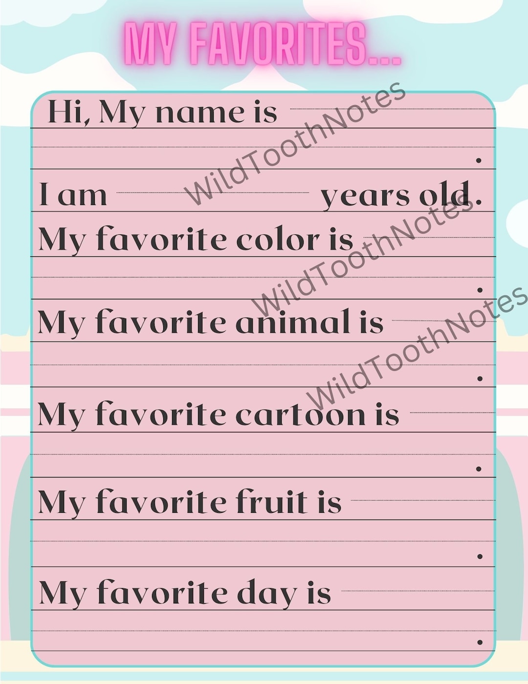 Digital and Printable "my Favorites" Worksheet - Etsy