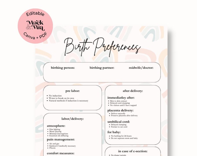 Editable Birth Plan Template, Canva Template, Simple Printable Birthing Plan, Labor and Delivery ...