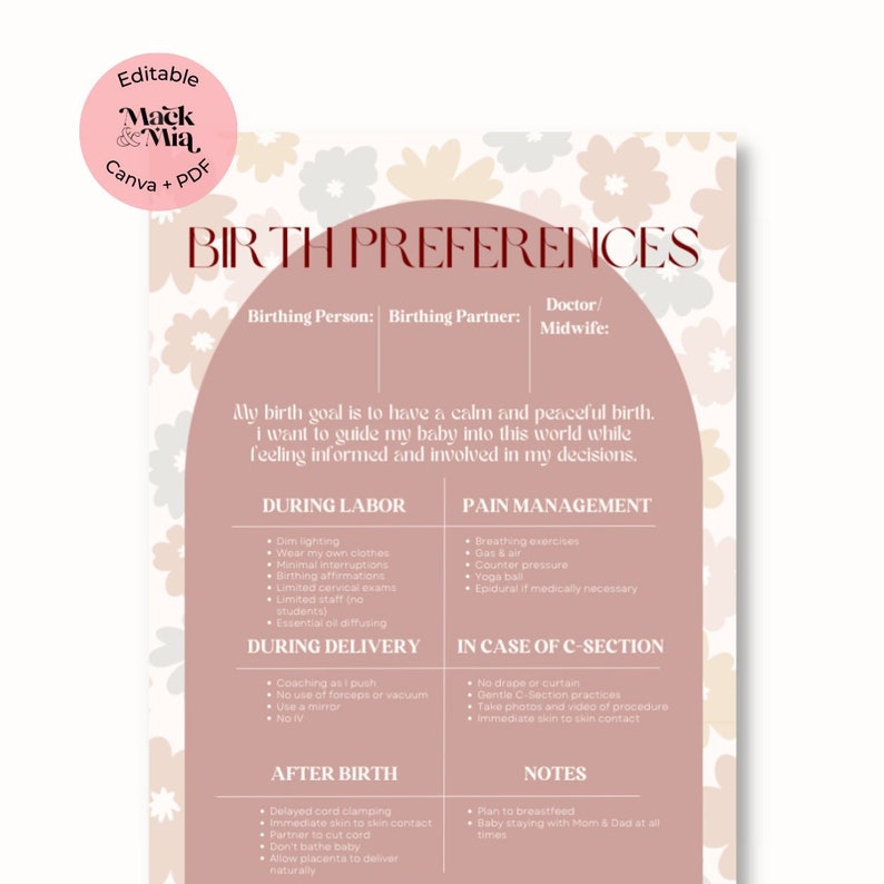 Editable Birth Plan Template, Canva Template, Simple Printable Birthing Plan, Labor and Delivery ...