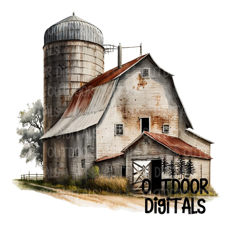Rustic Old Barn & Silo PNG Watercolor Barn Clipart Old Barn - Etsy