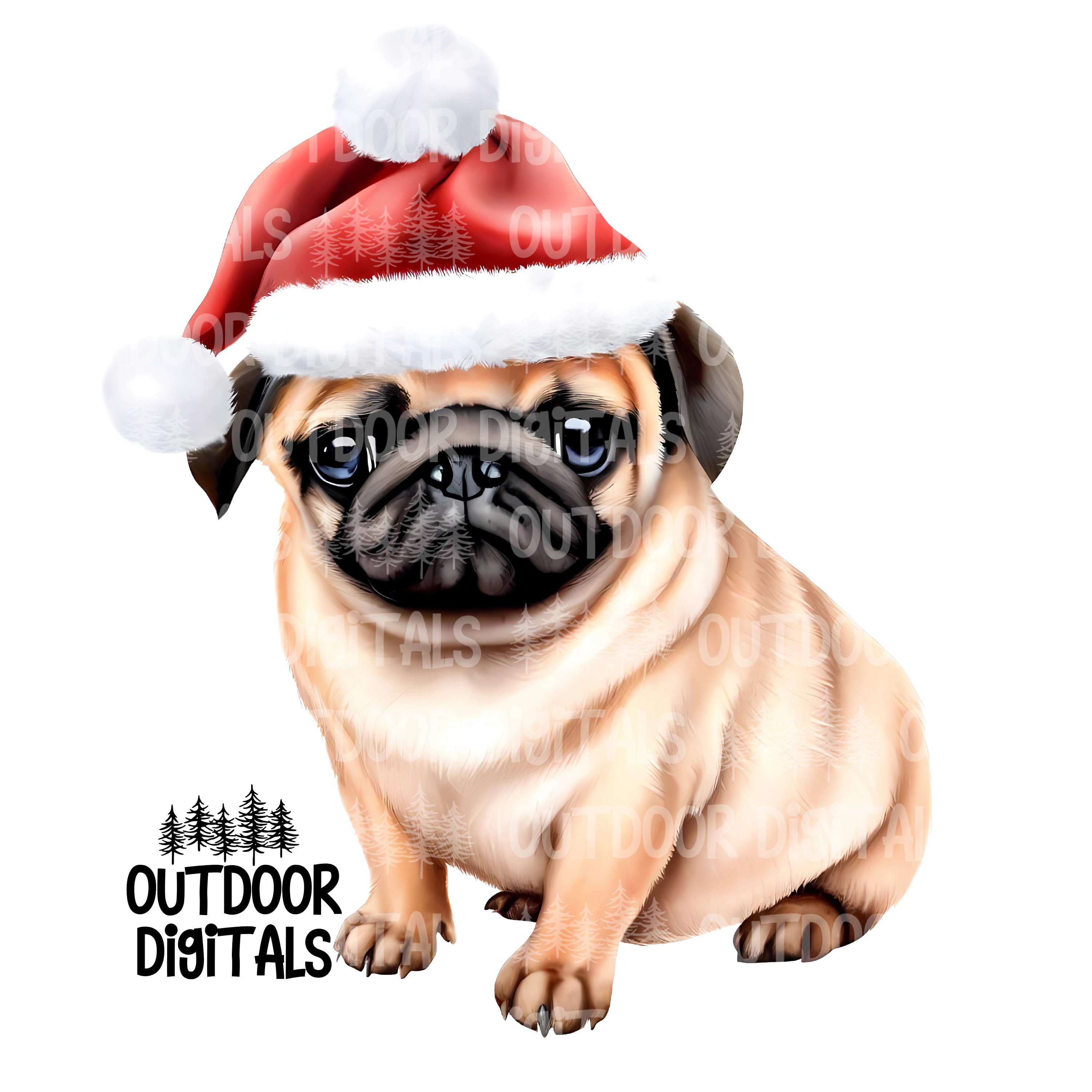 Pug Santa PNG, Watercolor Pug Clipart, Christmas Pug Wall Art, Pug ...