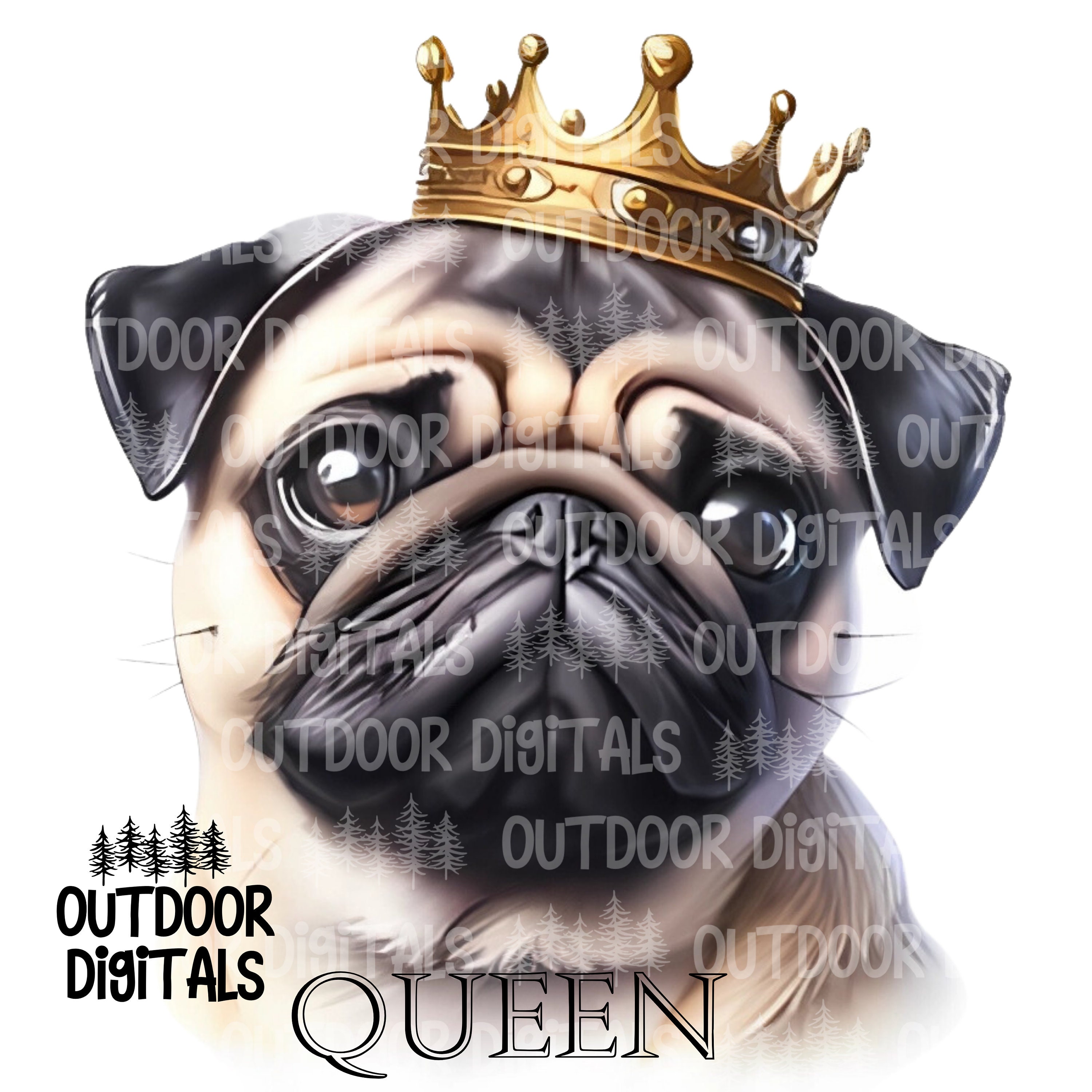 Pug Crown PNG, Watercolor Pug Crown Queen Clipart, Queen, Pug Wall Art ...