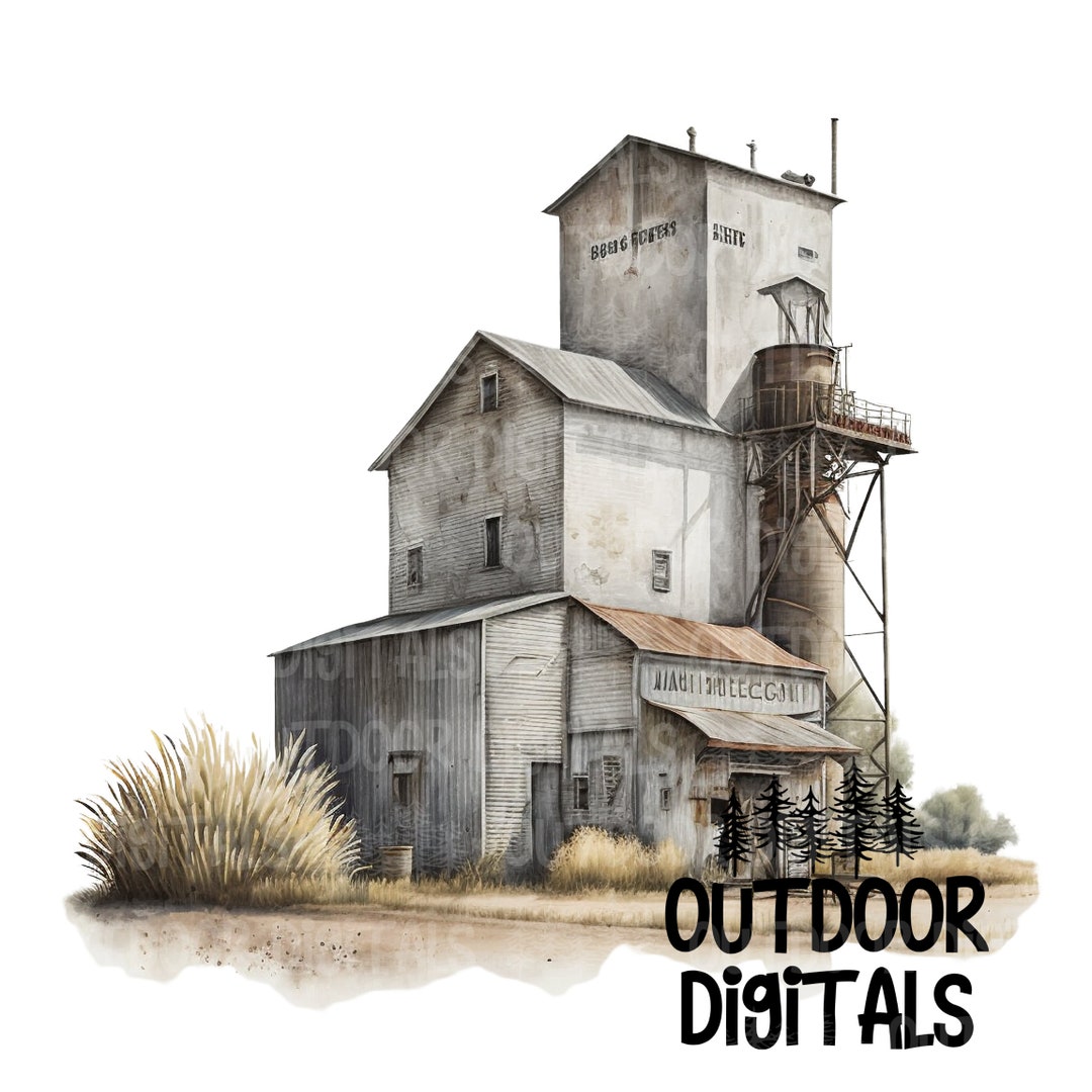 Old Grain Elevator PNG, Watercolor Grain Elevator, Farm Wall Art, Farm Sublimation PNG, Farm ...
