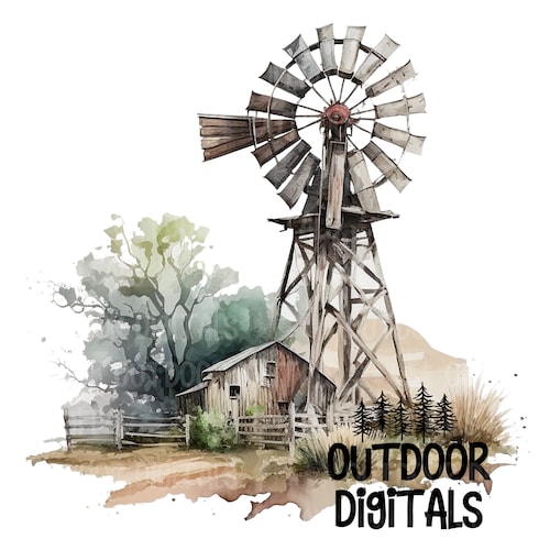 Old Farm Windmill PNG Watercolor Farm Clip Art Windmill Wall - Etsy