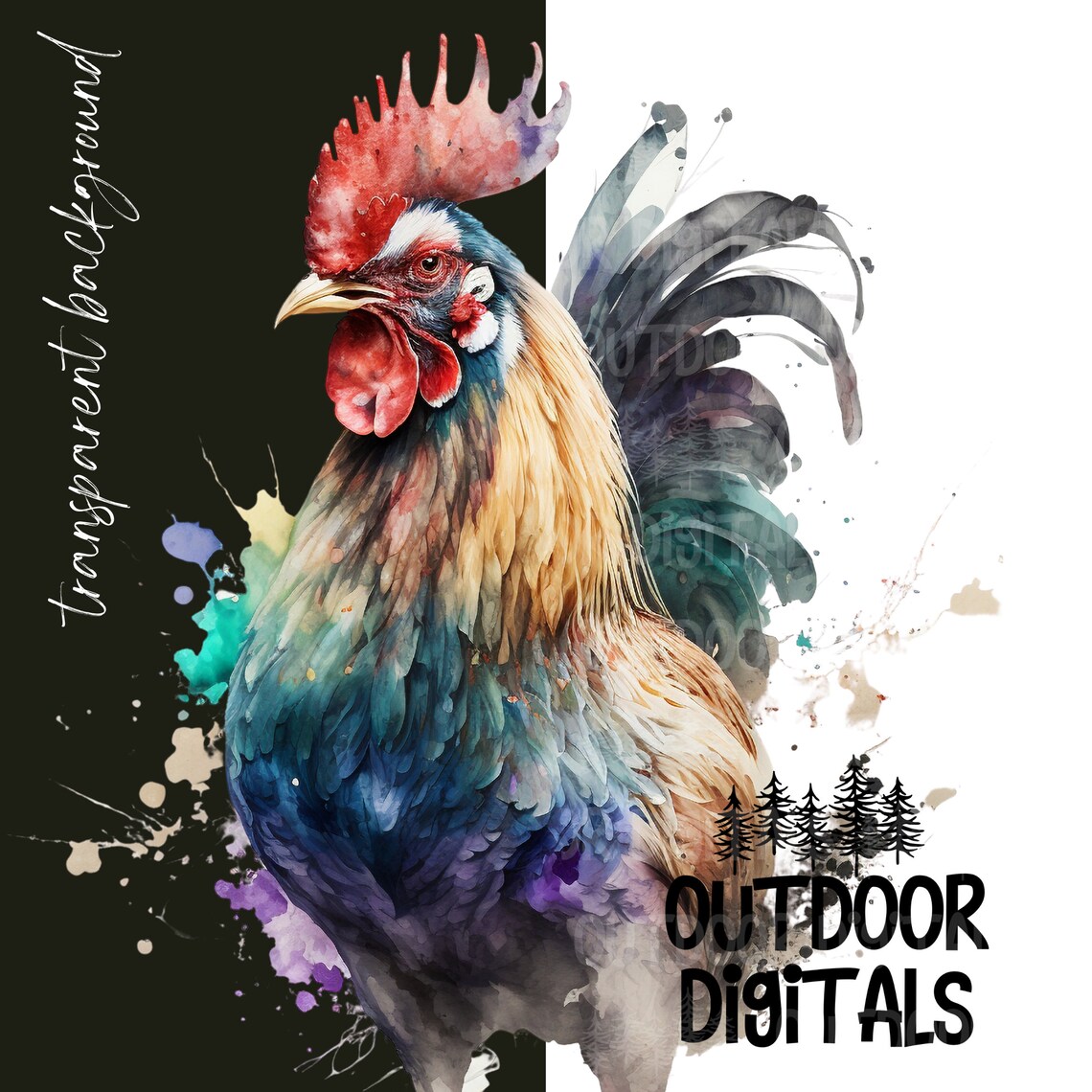 Rooster PNG, Watercolor Rooster PNG, Rooster Wall Art, Rooster ...