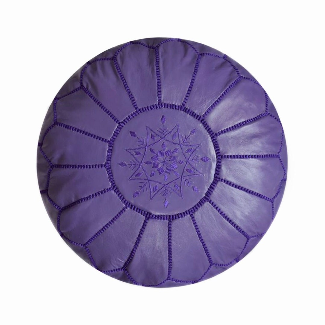 Moroccan Leather Pouf Ottoman, Purple Pouf, Round Ottoman, Handmade ...