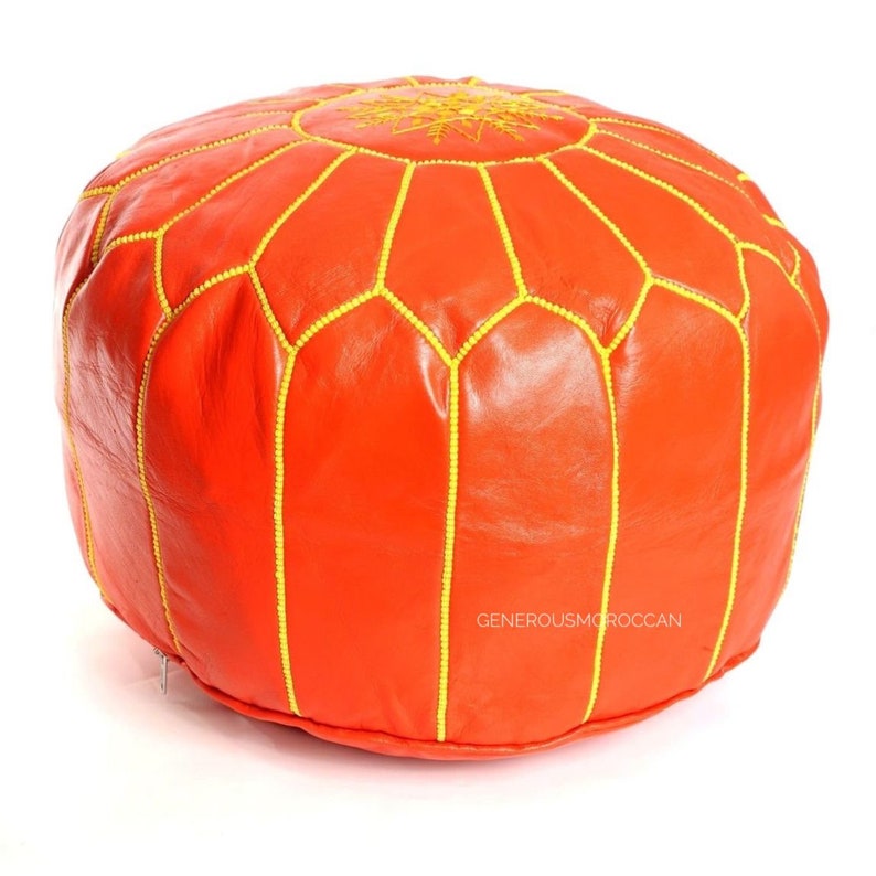 Moroccan Pouf Home Boho Decor, Round Handmade Leather Orange Pouf ...