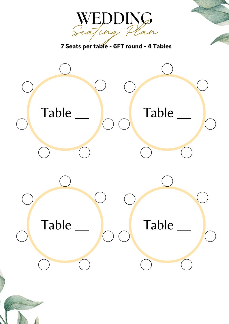 Table Seating Chart Planner for 7 - 70 Table Plan, Seven Seats Table ...